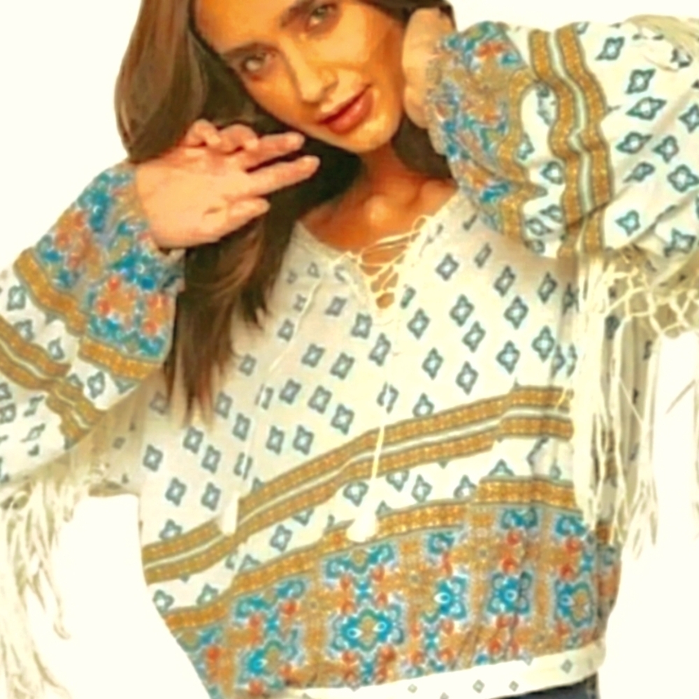Free People Ivory Fringe Combo Macrame Maze Top - Gem